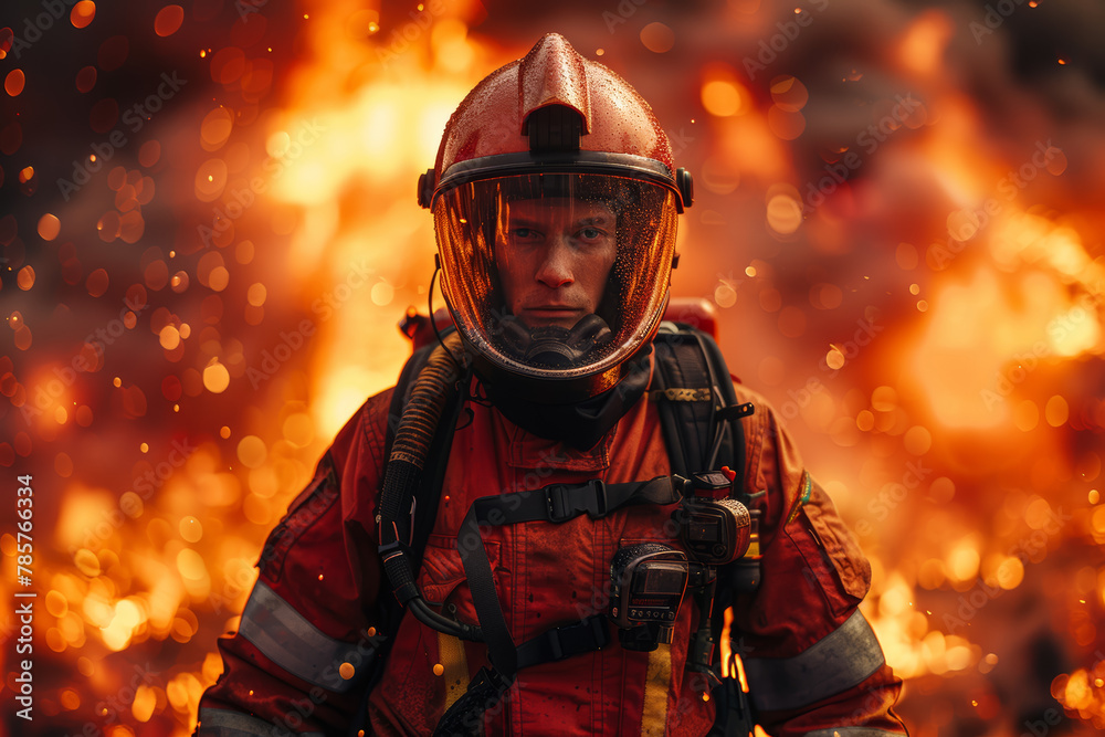 A firefighter braving flames to save lives and property, embodying ...