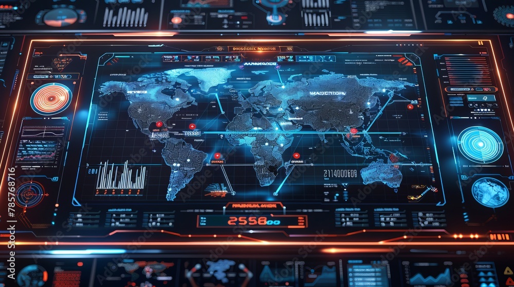 A HUD UI displays a futuristic user interface with 3D global world maps ...