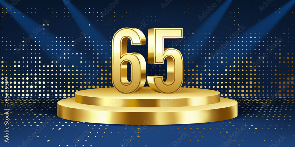 65th Year anniversary celebration background. Golden 3D numbers on a ...