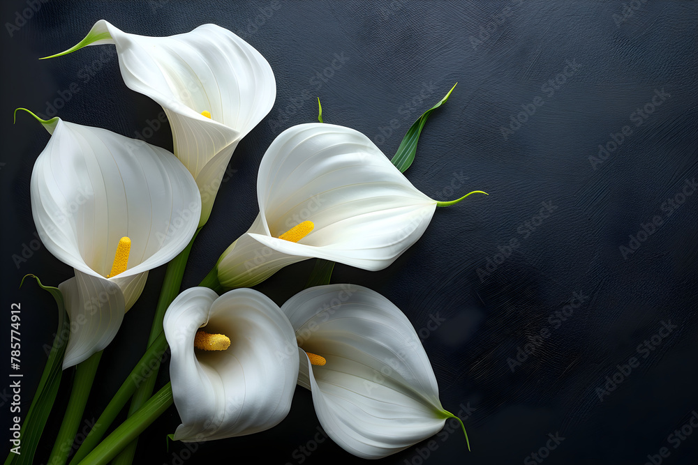 Calla lily flowers on black background, sympathy card condolences on ...