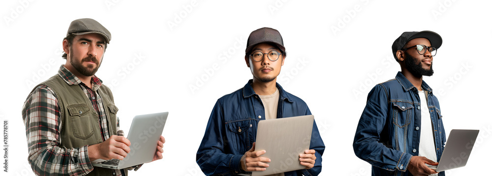 Ensemble of male coders in half-body portraits with laptops, Isolated ...