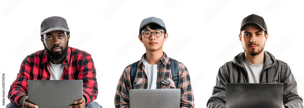 Collection of male coders with laptops in half-body portraits, Isolated ...