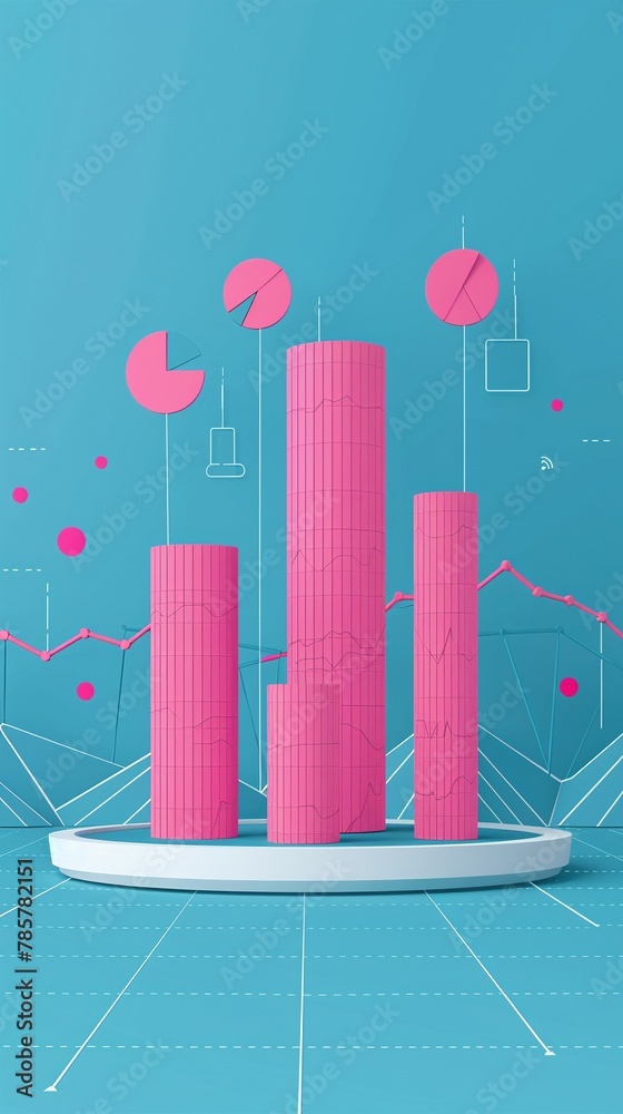 Sleek 3D bar graphs and pie charts rising from a digital tablet, overlaid with real time stock ...
