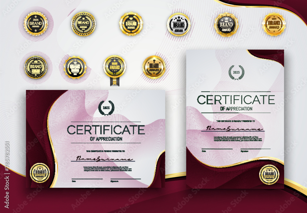 Maroon certificate diploma award vector template with golden seals and ...