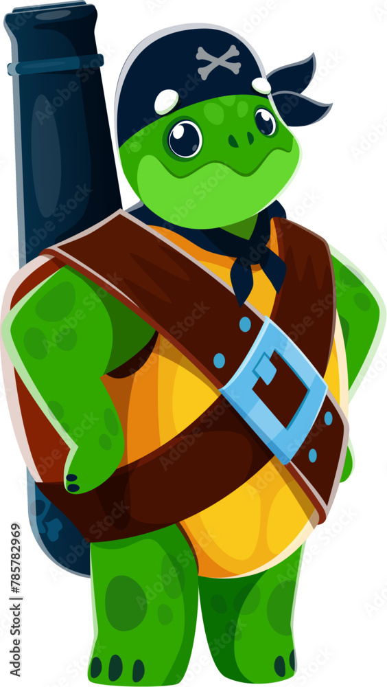 Cartoon turtle animal gunner pirate or corsair character with cannon on ...