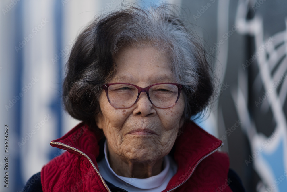 A ninety three year old woman with a splash of gray hair looks at the ...