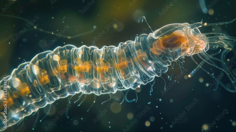 A closer look at a microscopic transparent worm revealing its and tiny ...