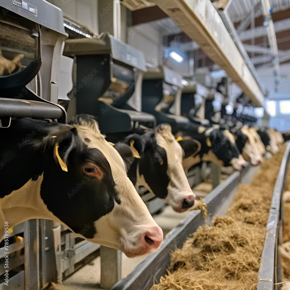 Dairy cows in a modern barn with automated feeding system, showing ...