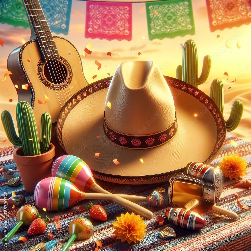 3d illustration of cowboy sombrero hat, guitar, maracas, backgrounds ...