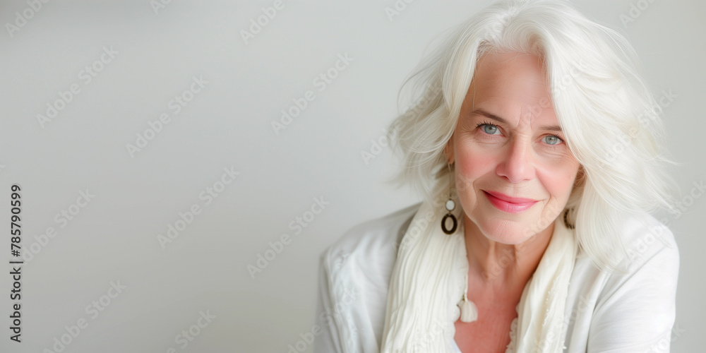 Portrait mature older transgender 70s woman grey bob styled hair ...