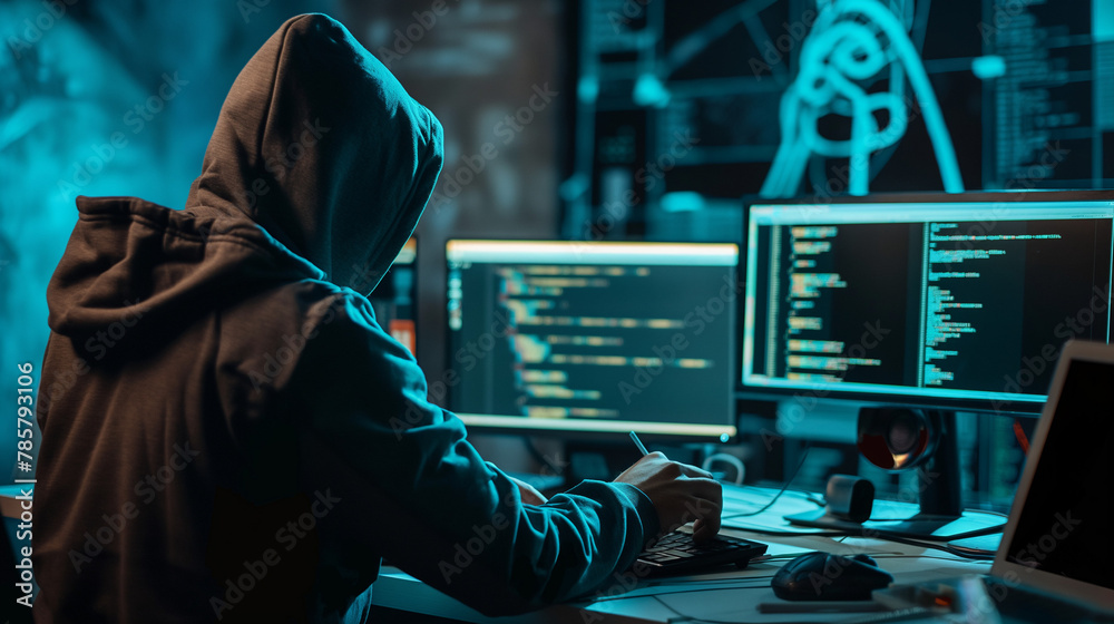 An intensely focused cyber crime mastermind at work with glowing ...