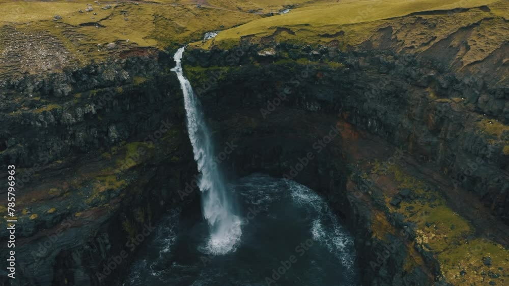 Vidéo Stock Mulafossur waterfall, Faroe Islands: fantastic aerial view ...