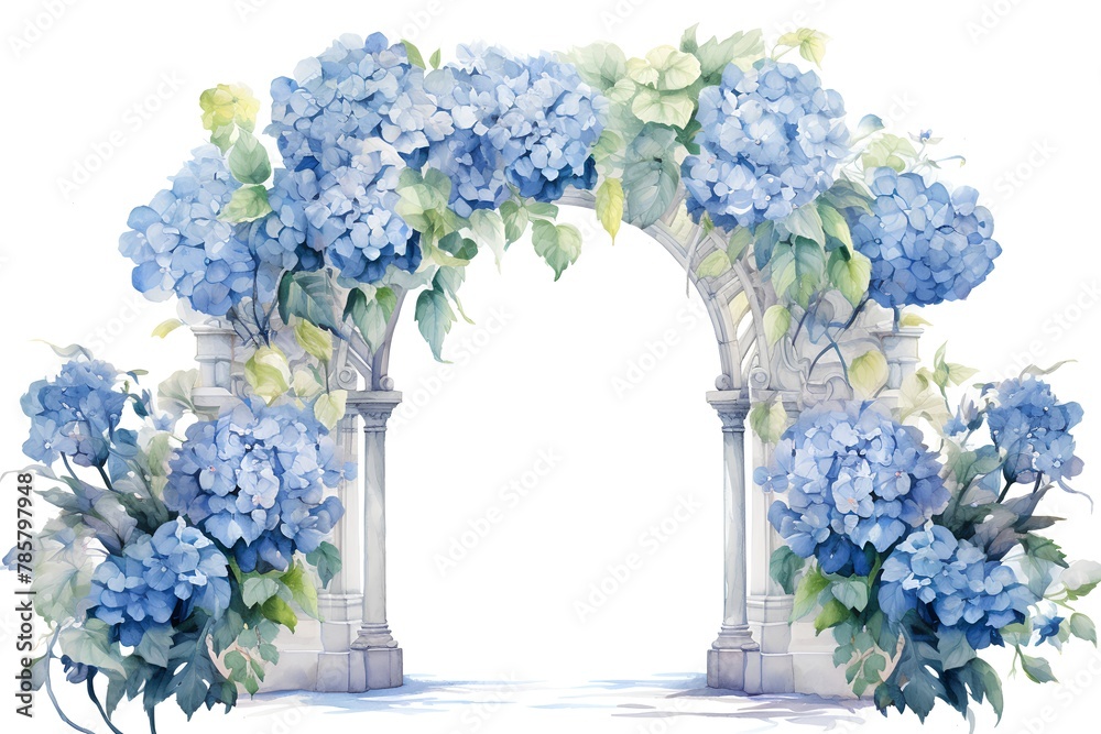 Watercolor floral arch with blue hydrangea flowers isolated on white ...