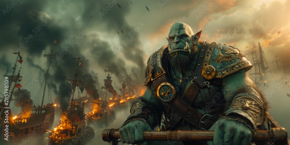 A brave man in armor stands tall, wielding a sword, in front of a vast ...