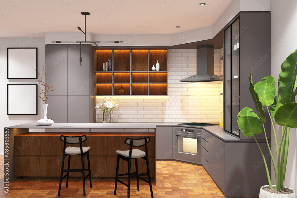 3d rendering of pantry interior with island table and frame mock up ...