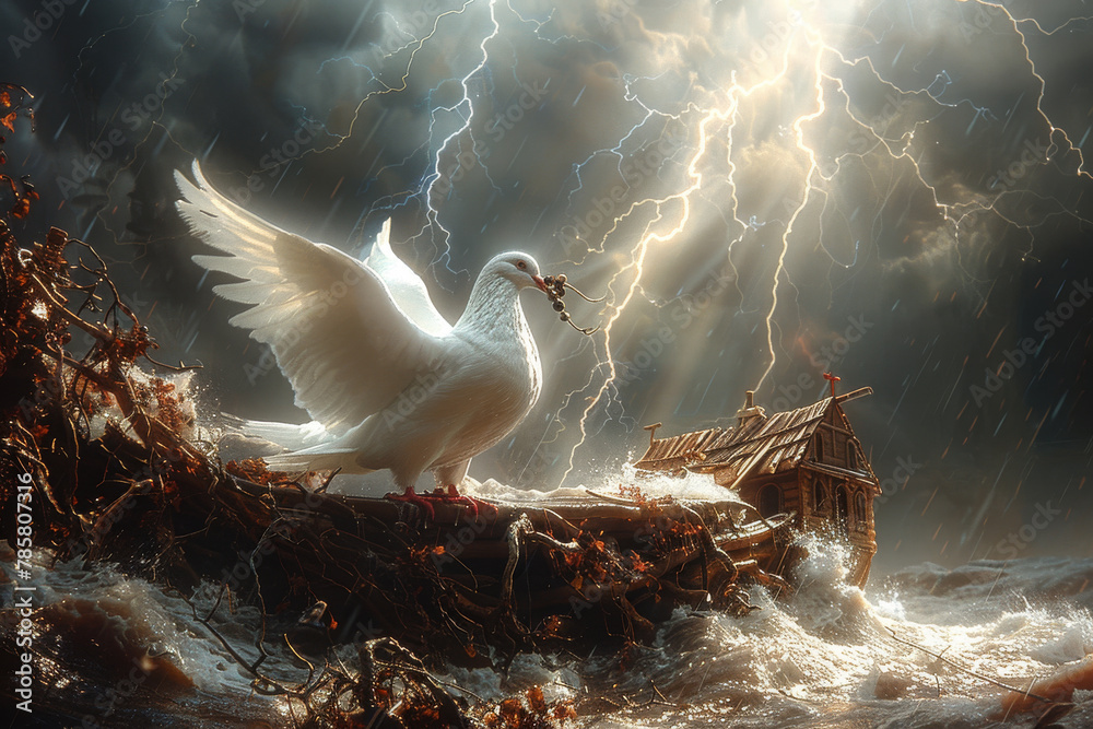 A white dove with an olive branch in its mouth. Noah's Ark, a violent ...