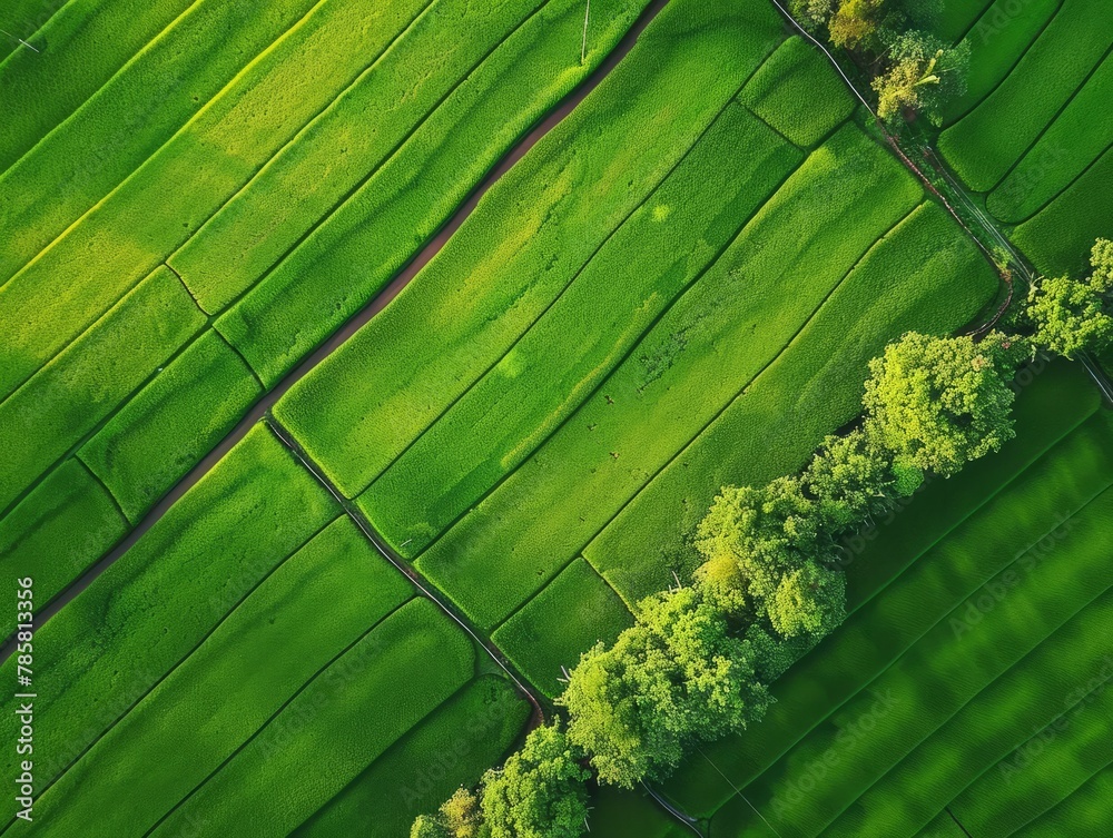 Aerial view of green rice field with trees in Thailand. Above view of ...