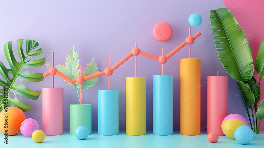 Uptrend bars graph, growth and progress chart of business. 3D model of ...