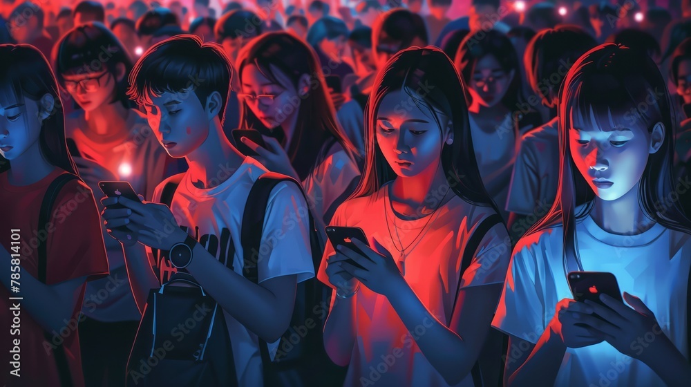 Cell phone addiction concept. Many teens hold smart device. Social ...