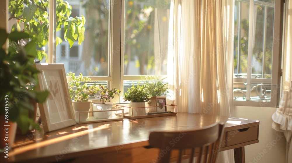 A home office is transformed into a tranquil workspace with a desk ...