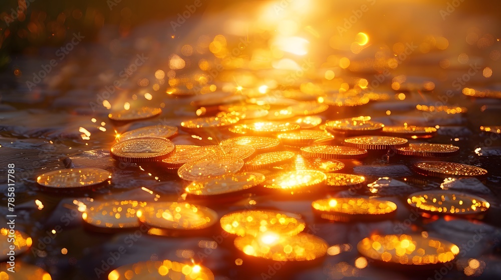 In the golden sunlight, scattered on a stone road, there were many gold ...