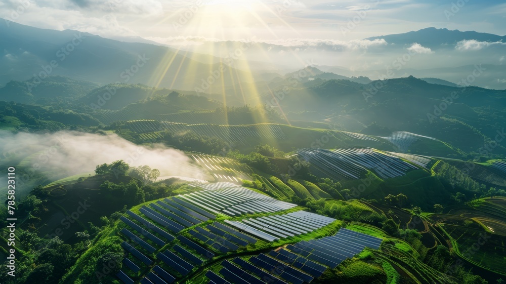 Misty morning over solar panel green energy farm - Solar panels amidst foggy hills capture the ...