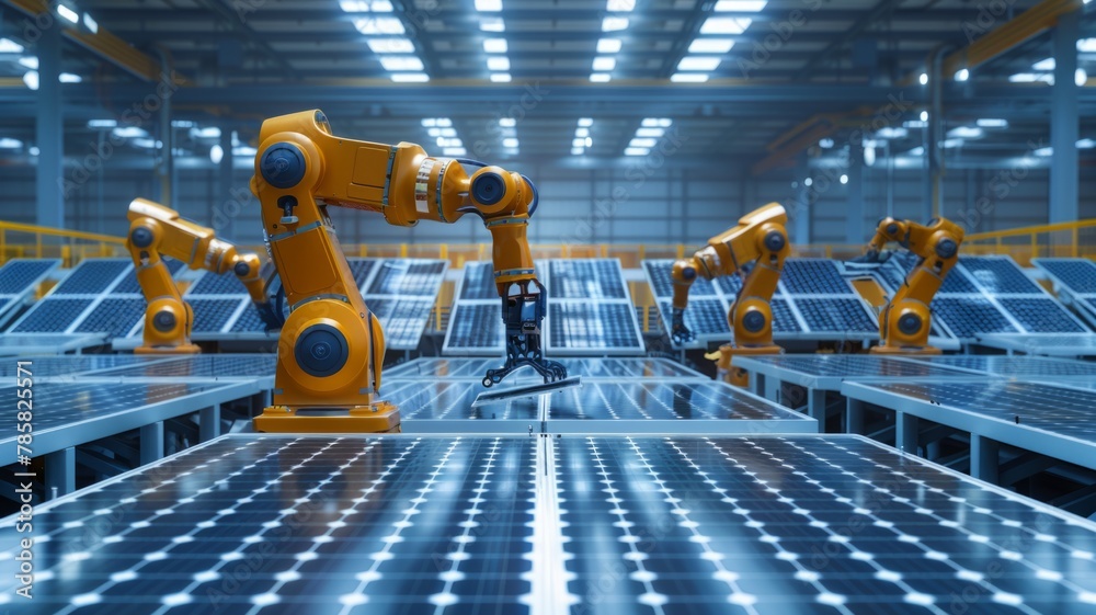 Industrial robots working in solar panel factory - A high-tech image ...
