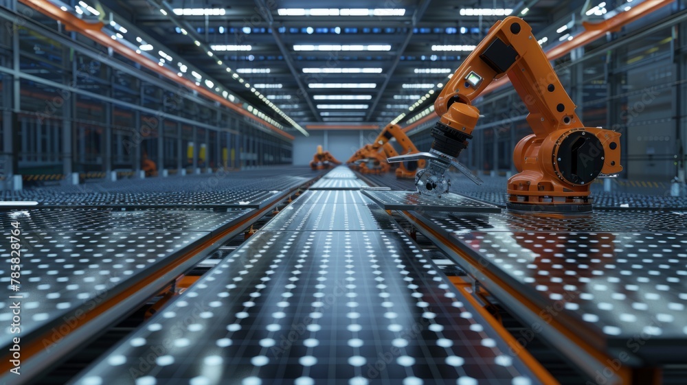 Robotic arm inspecting solar panels on the line - Robotic arm conducts ...