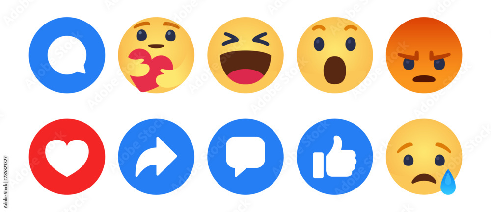 Facebook reactions , like, love, heart, haha, wow, sad, angry, emojis ...