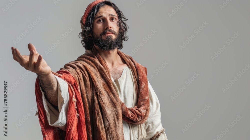 Jesus christ strecthing arm forward isolated over grey background ...