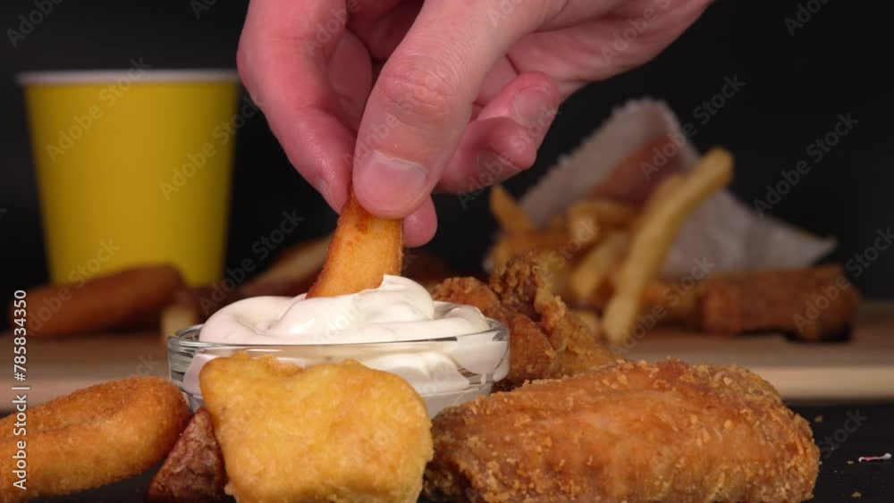 Hand dips crunchy potato wedges into garlic sause. Footage for ...