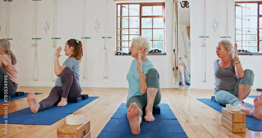 Exercise, yoga and senior women in class for wellness, healthy body and ...