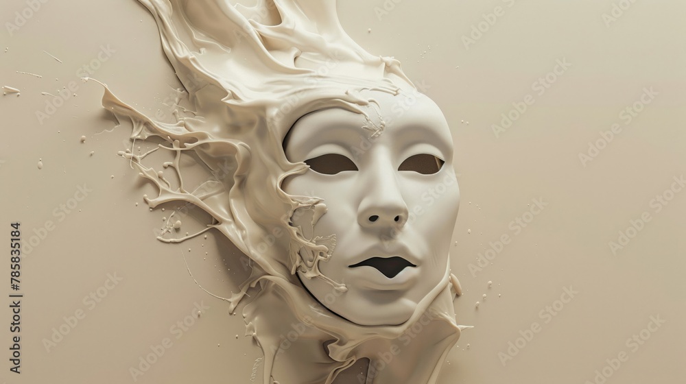 Surreal scene of a theatrical mask in midmelt, features distorting ...