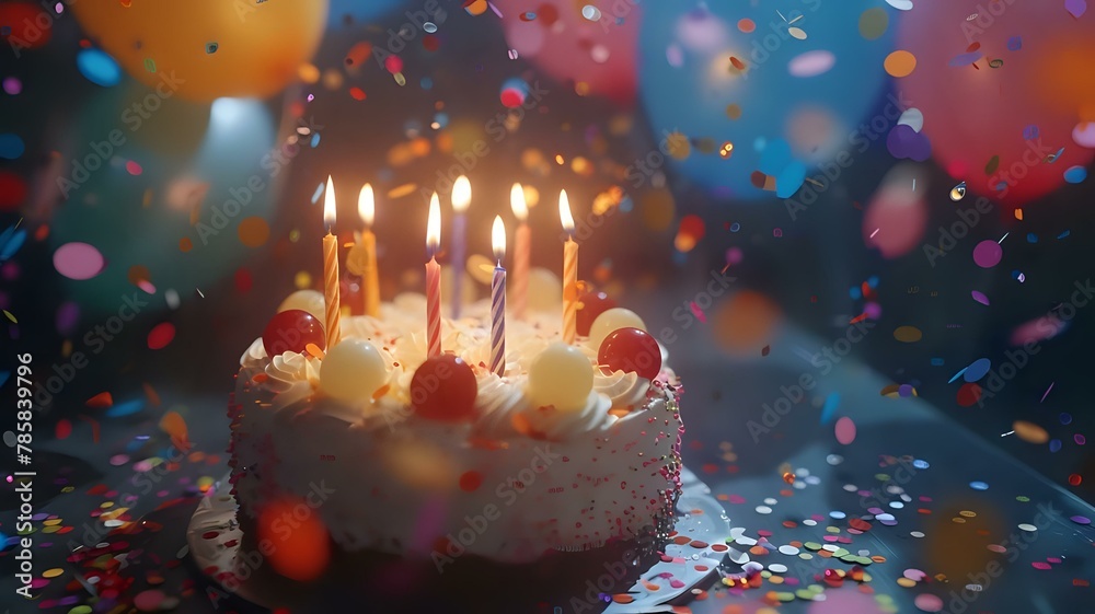 Bright birthday cake with balloons and confetti in soft focus Stock ...