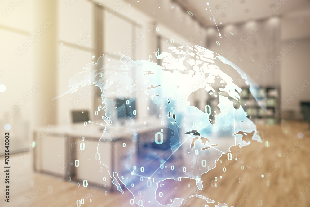 Abstract virtual coding illustration and world map on a modern ...