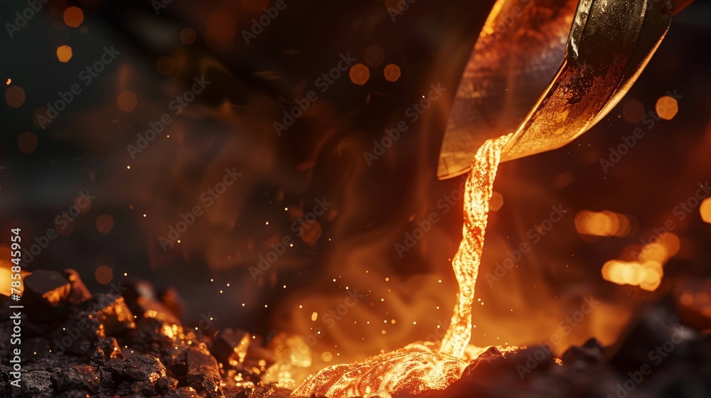 Pouring molten steel, into a socket, close up, glowing orange steel ...
