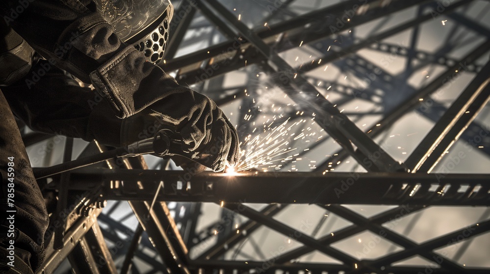 Steel welding, truss structure, close up, the bright glow of the ...