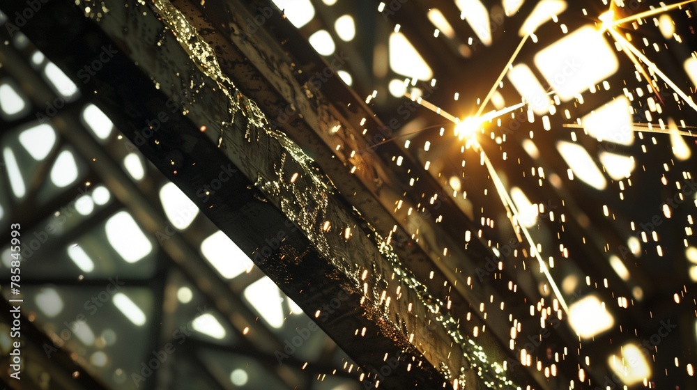 Steel welding, truss structure, close up, the bright glow of the ...