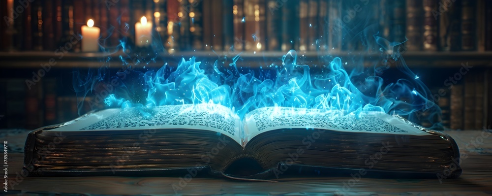 Enigmatic Tomes Unleashing Mystical Blue Flames in an Ancient Chamber ...