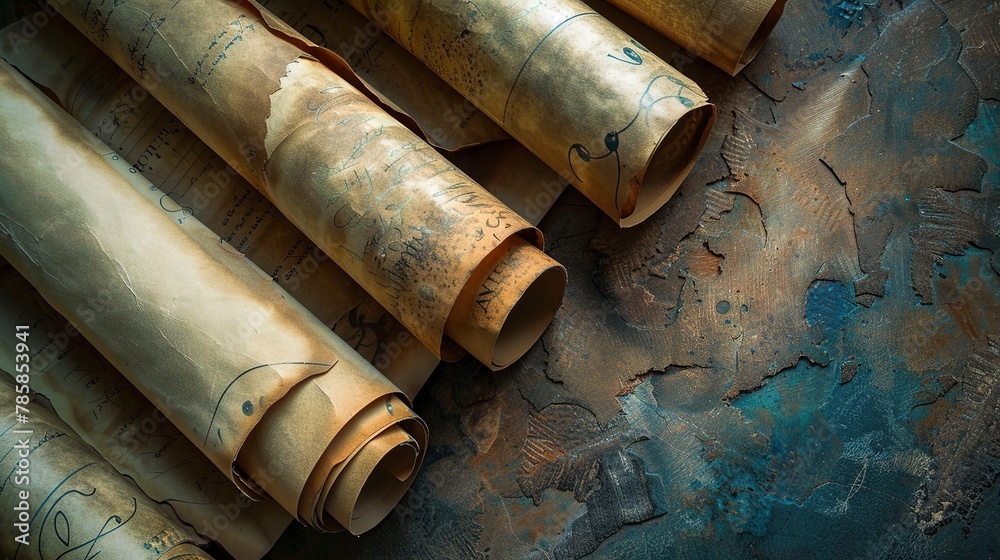 Abstract diploma scrolls, overlapping textures, symbolizing hard-earned ...