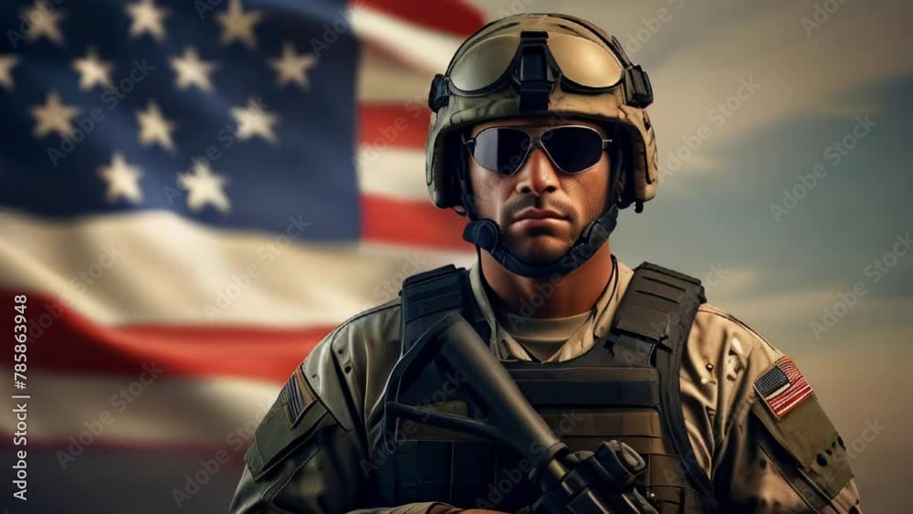 Soldier in front of a waving American flag, conveying the idea of ...