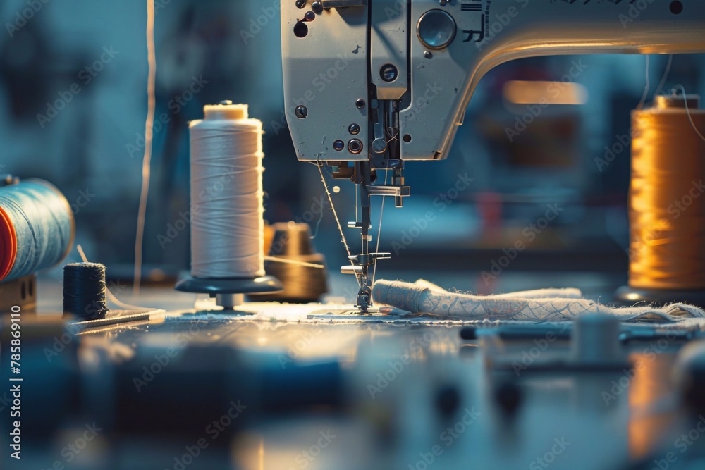 The sewing machine is on the table next to it there are sets of threads ...