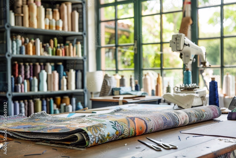 Foto de Sewing table with beautiful fabric and sewing tools. The table ...