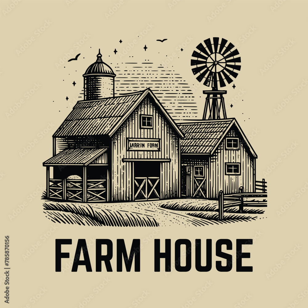 hand drawn Farm Buildings old engraving vector illustration style. farm ...