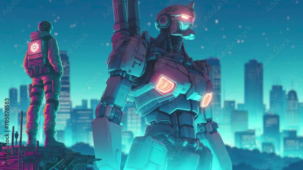 Anime-style boy Standing in front of a big, giant mecha robot ...