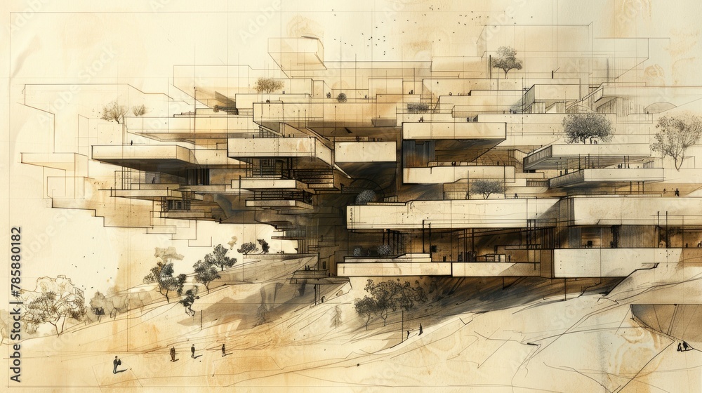 architectural concept of multi-tiered structure with uneven, wavy lines ...