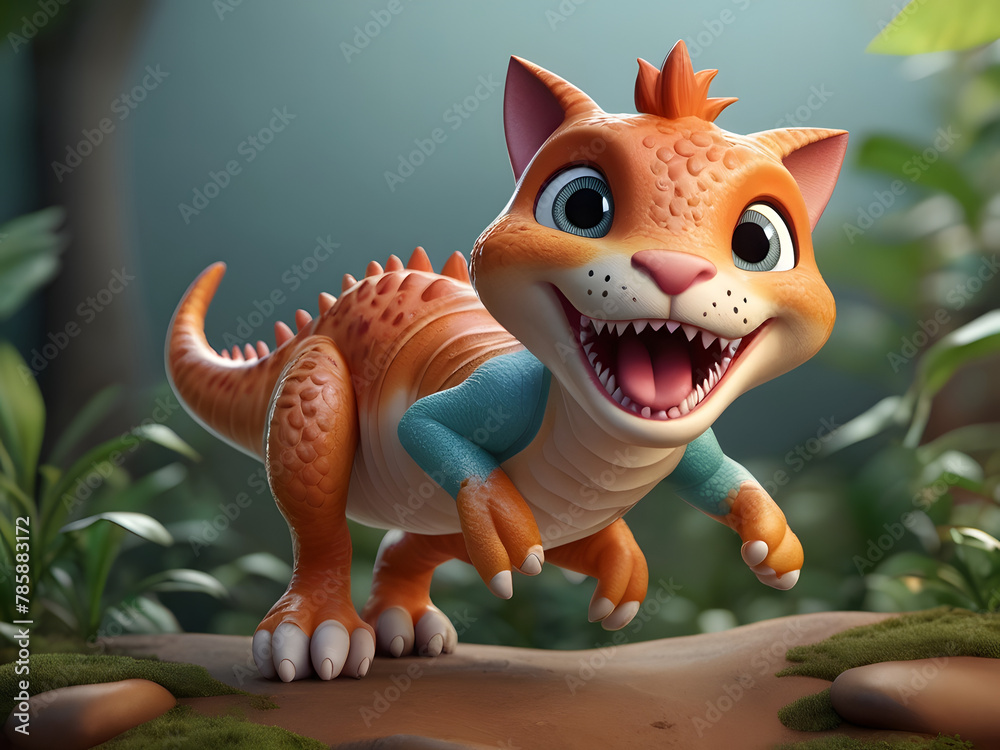 Amazing Illustration Art Cartoon character dinosaur & cat 3d ...