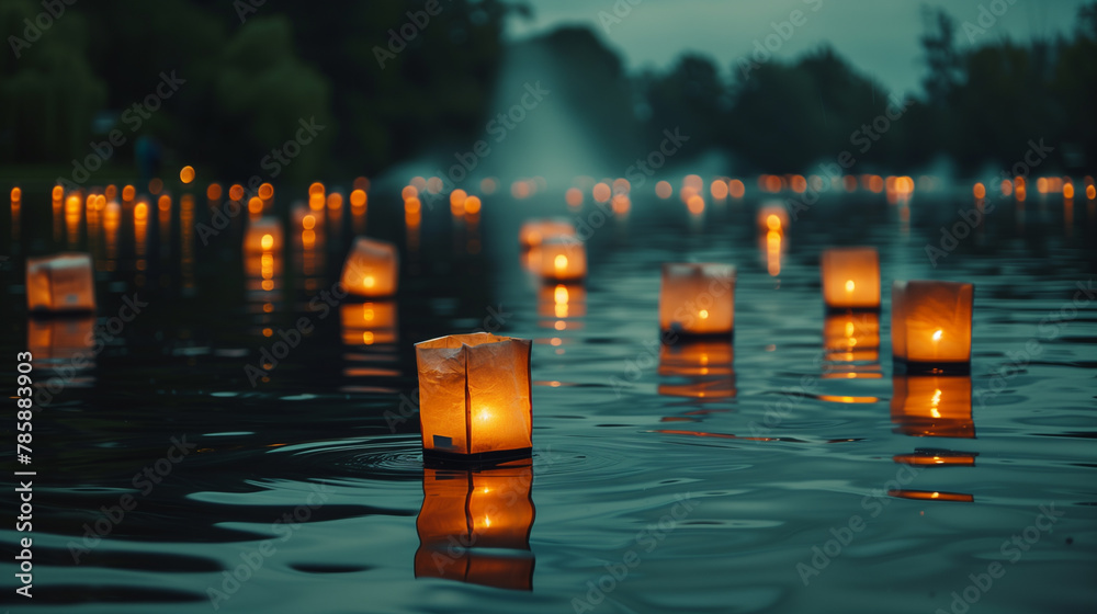 Paper lanterns float on dark water. Traditional Floating Lantern ...