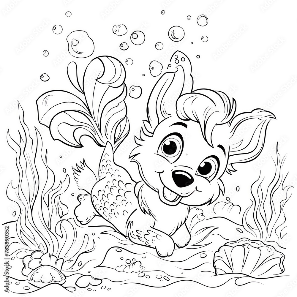 Mermaid-dog playing with seaweed and bubbles, underwater theme ...