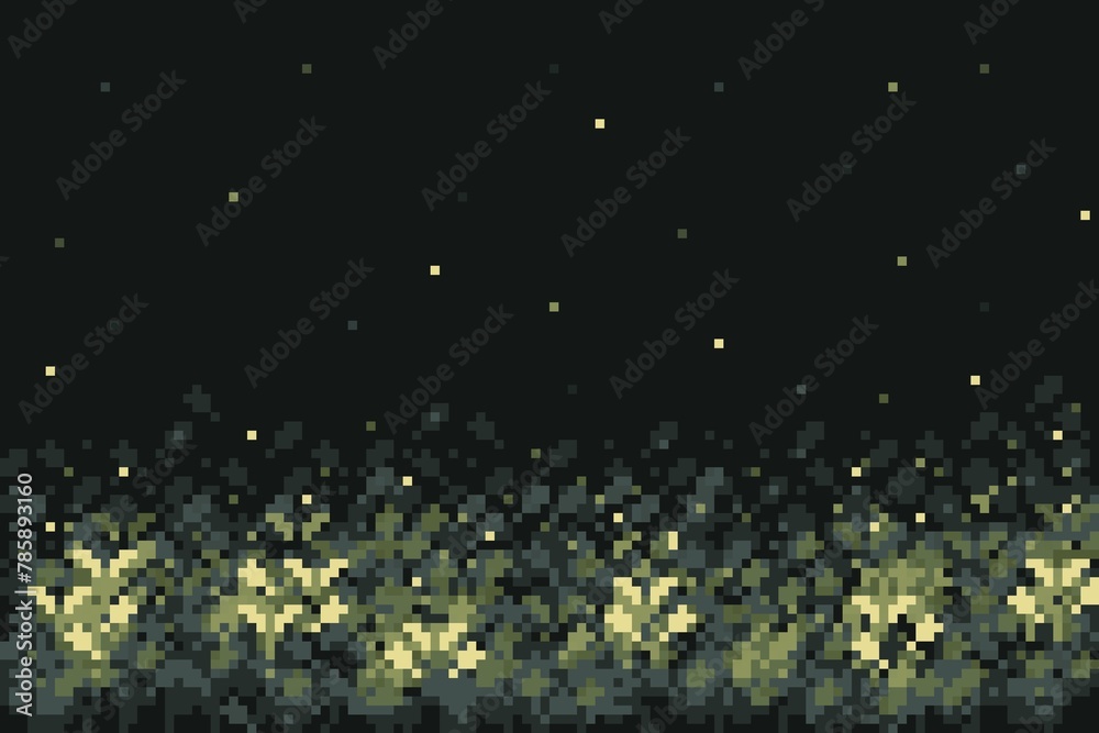 Pixel art landscape of night sky with stars, gradient green grass, and ...
